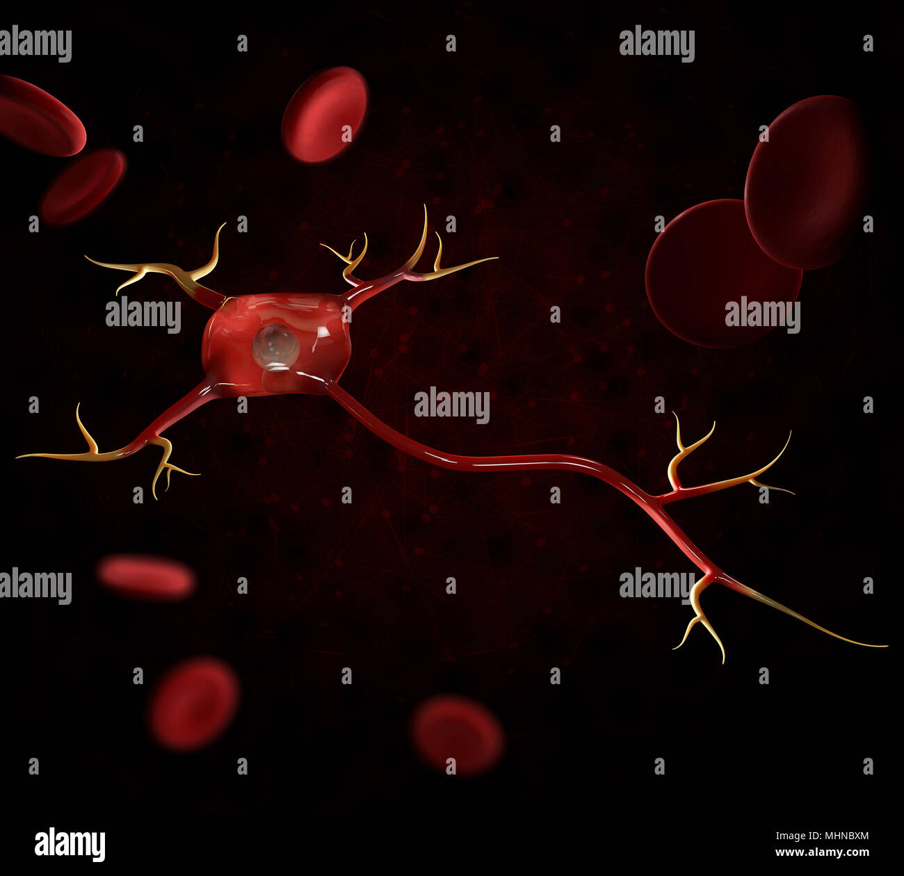 3d illustration of neuron cells with blood cells, high resolution 3D ...