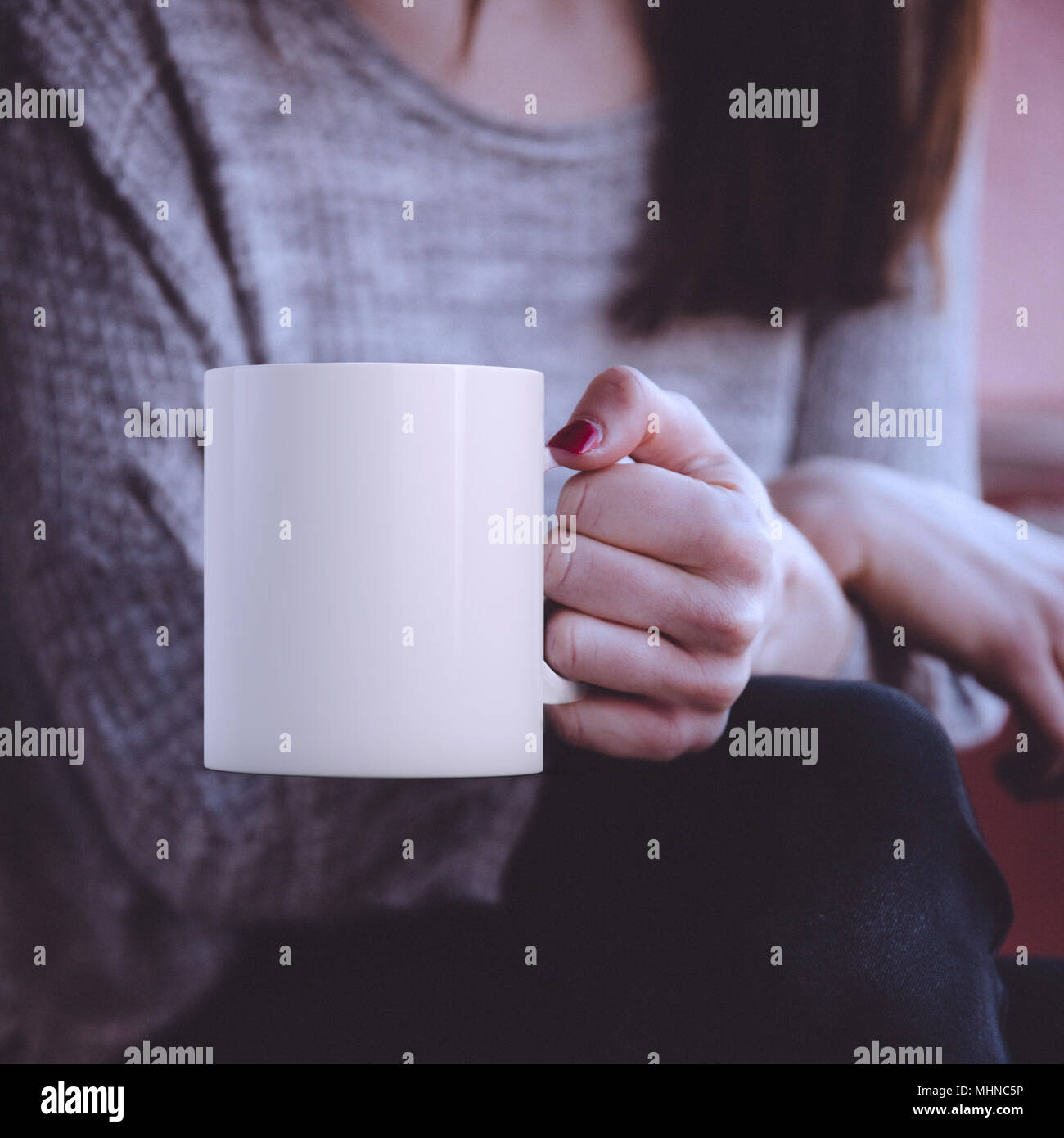 womans hands, female, holding a white blank coffee mug, perfect for ...
