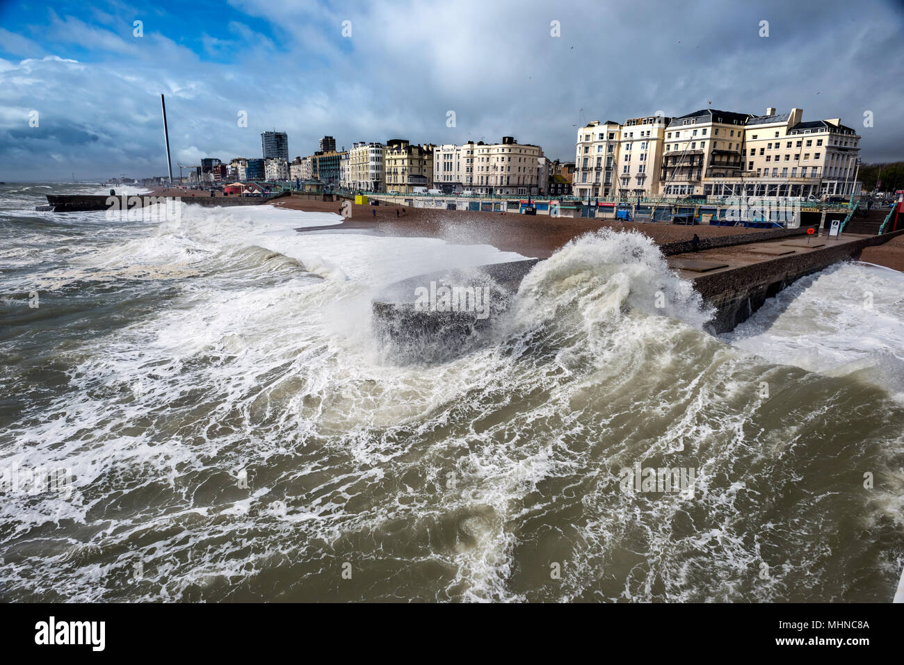 Rough seas at high tide this afternoon on Brighton seafront Stock Photo ...