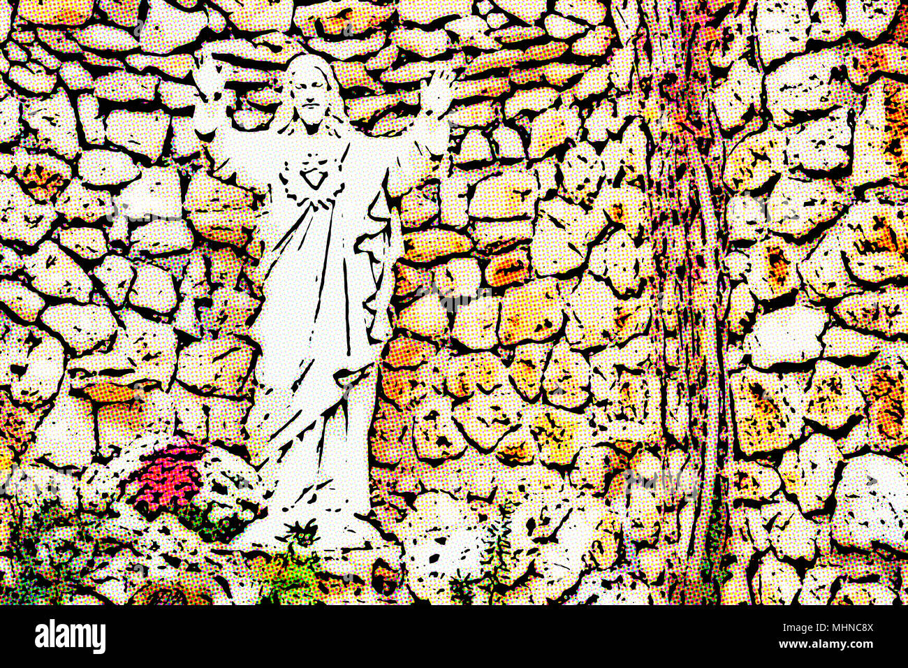 illusion of Sacred Heart of Jesus white statue in front of brick stone ...