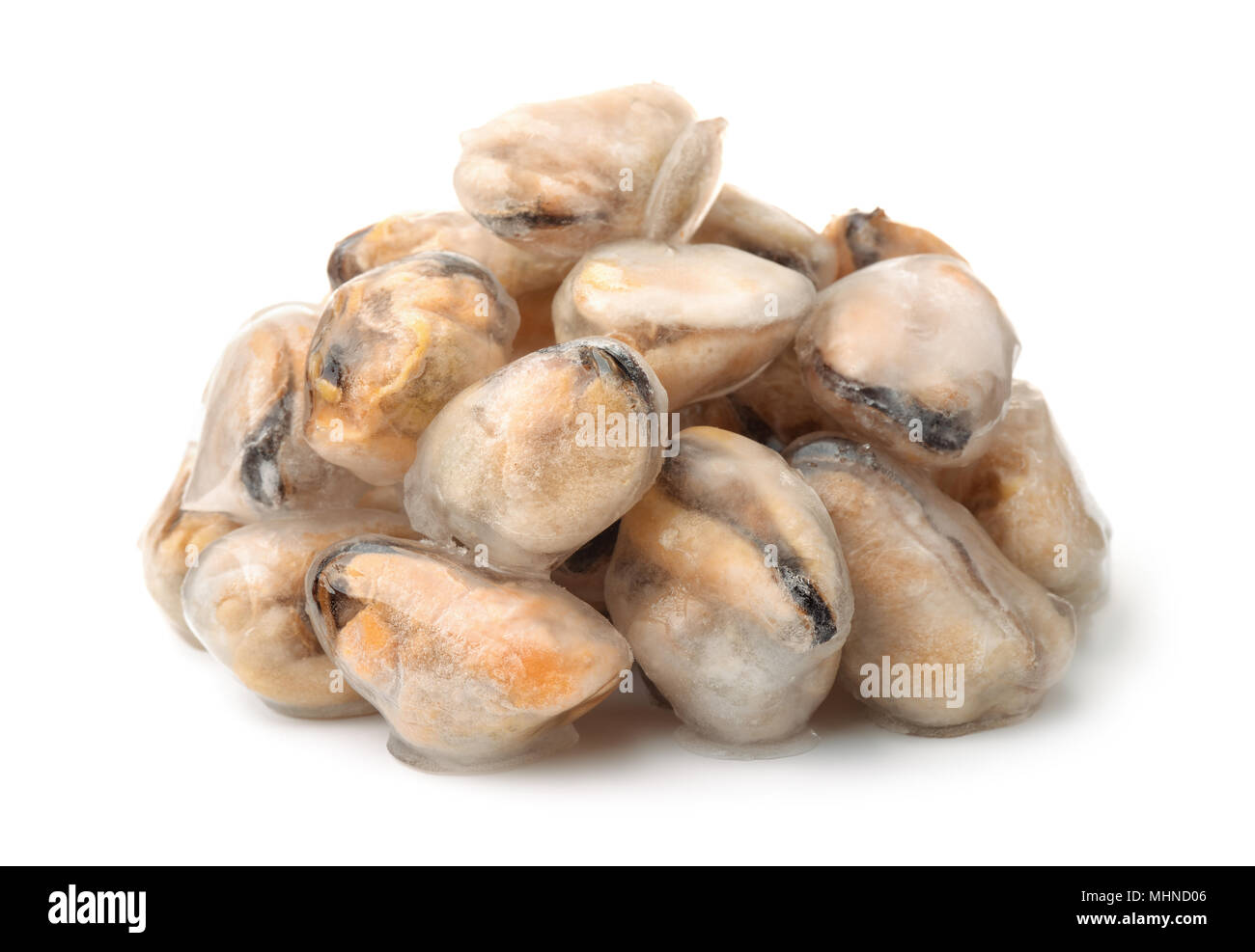 Heap of frozen cooked mussel meat isolated on white Stock Photo - Alamy