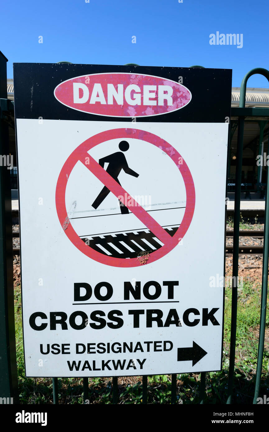 Warning sign Danger do not cross track at Freshwater railway station ...