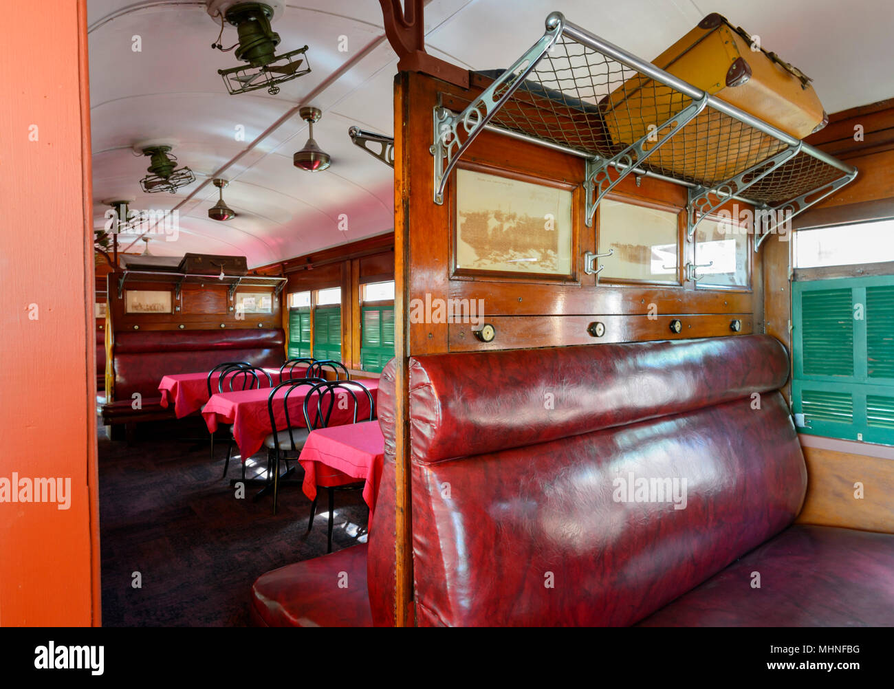 Restaurant inside old train carriages at Undara Caravan Park, Undara ...