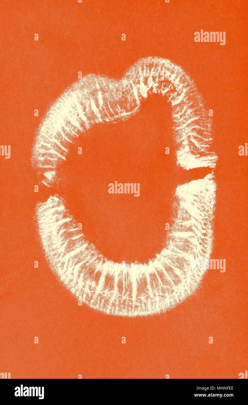 Retro look of one pair of white lips on orange background. Shape of ...