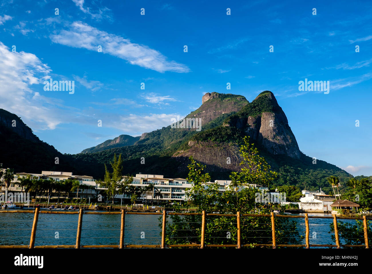 View of the Gavea Stone, seen from below with houses on the hill during ...