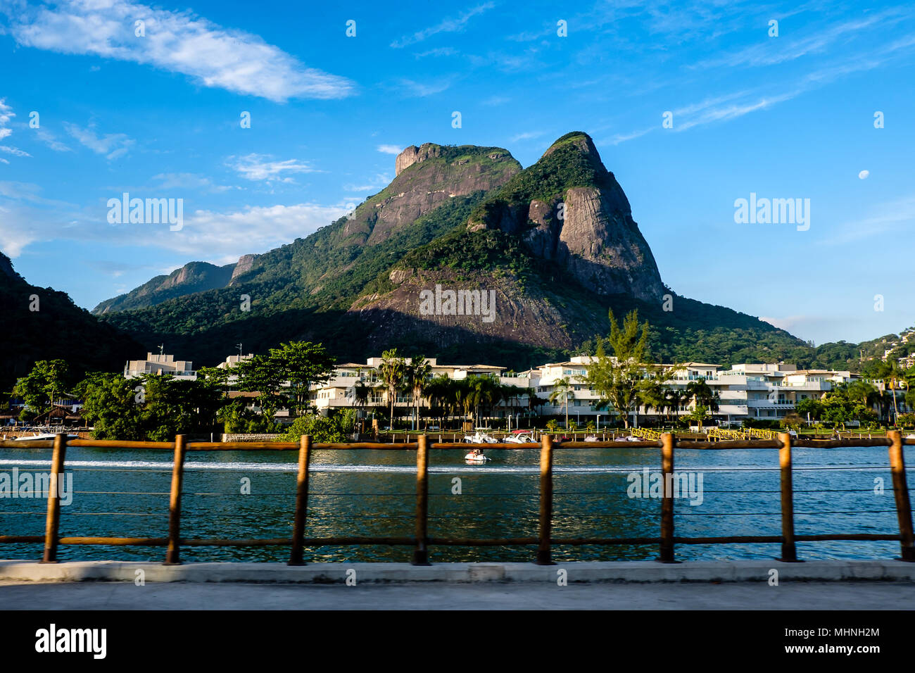 View of the Gavea Stone, seen from below with houses on the hill during ...