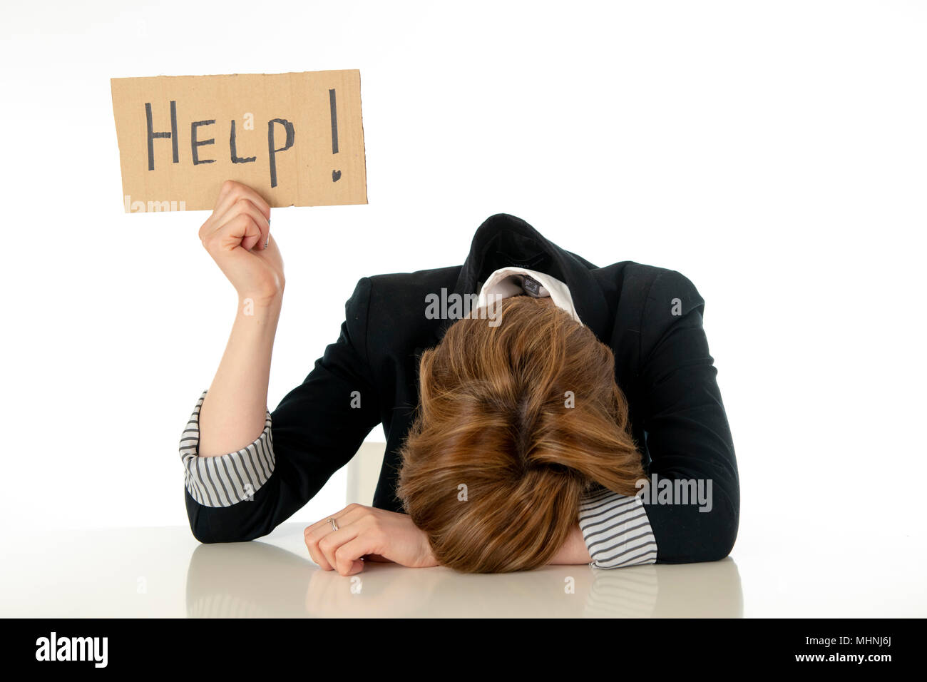 young beautiful red haired caucasian business woman overwhelmed and ...