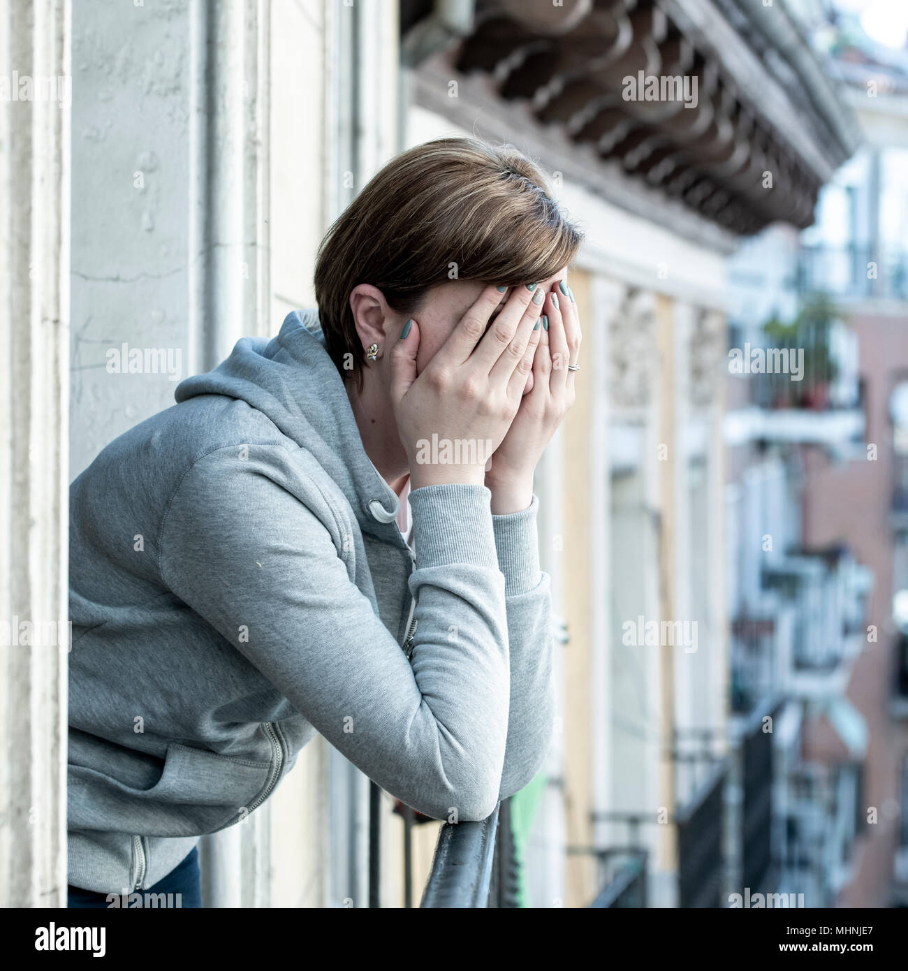 young attractive unhappy caucasian woman suffering from depression ...