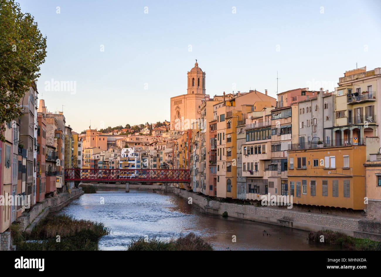 Girona Cathedral with Eiffel bridge over Onyar River - Spain Stock ...