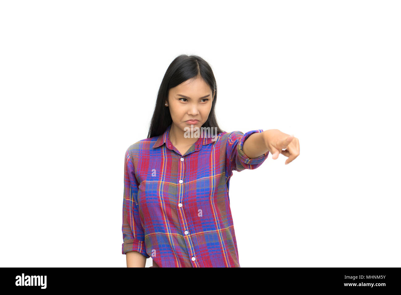 Portrait of young asian girl pout and pointing, Stubborn teenage girl ...