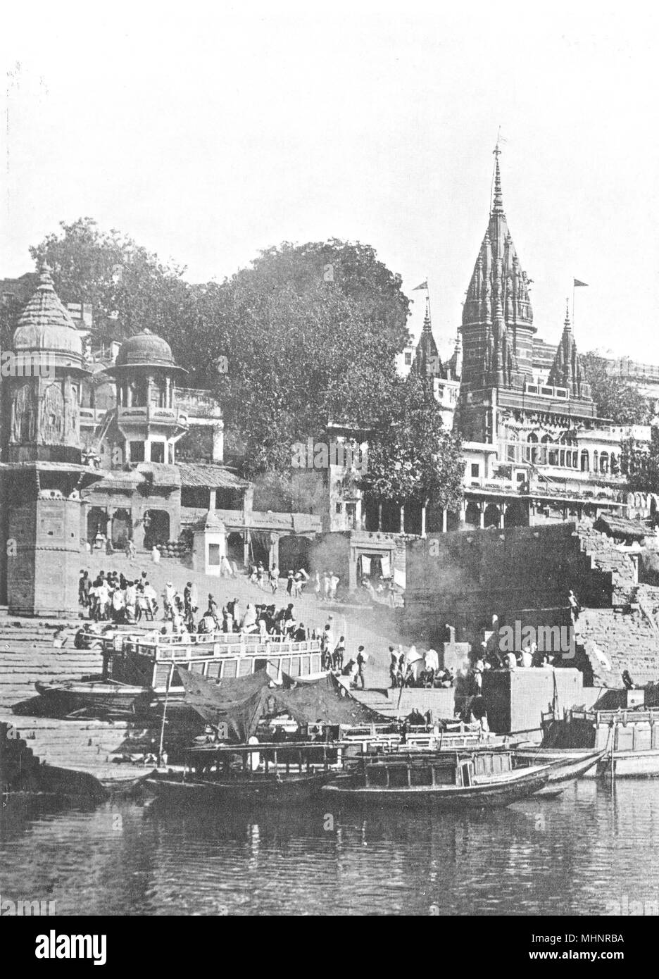 INDIA. A Hindu Crematorium at Varanasi; 1900 old antique print picture ...