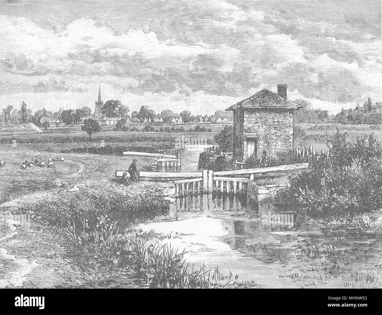 OXFORDSHIRE. Lechlade- The first lock 1901 old antique vintage print ...