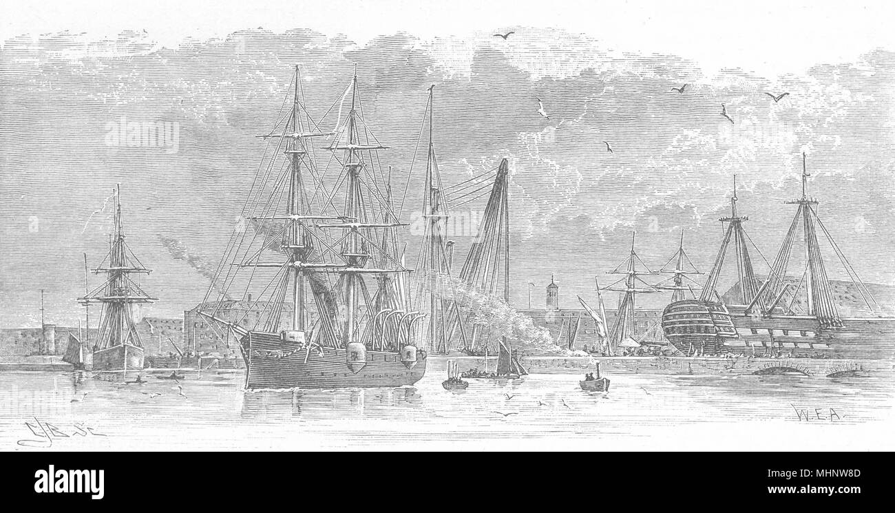 KENT. Sheerness Dockyard, from the river 1901 old antique print picture ...