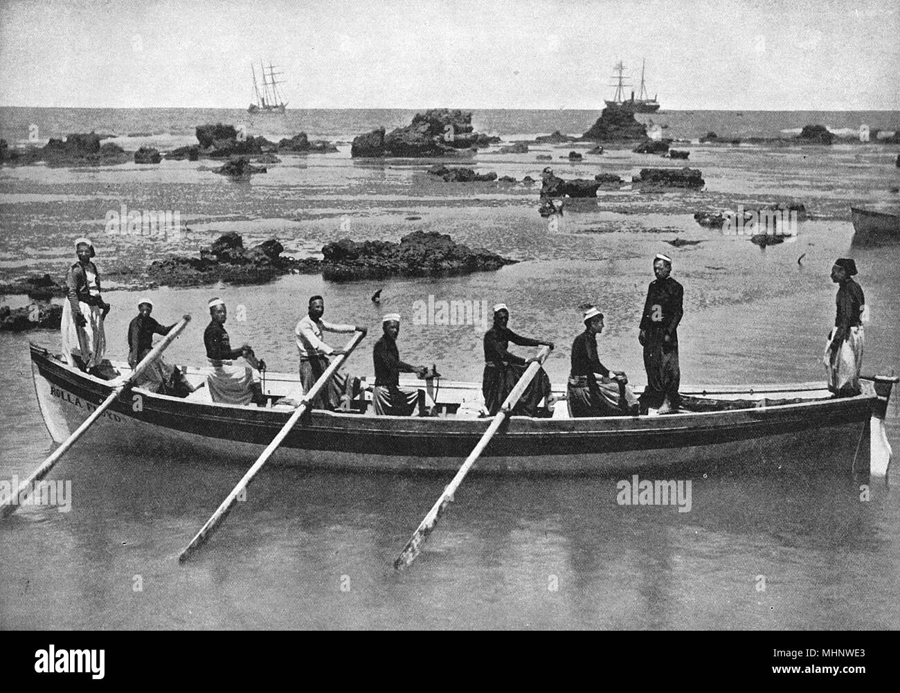 Boat and oarsmen, Jaffa, Holy Land Stock Photo - Alamy