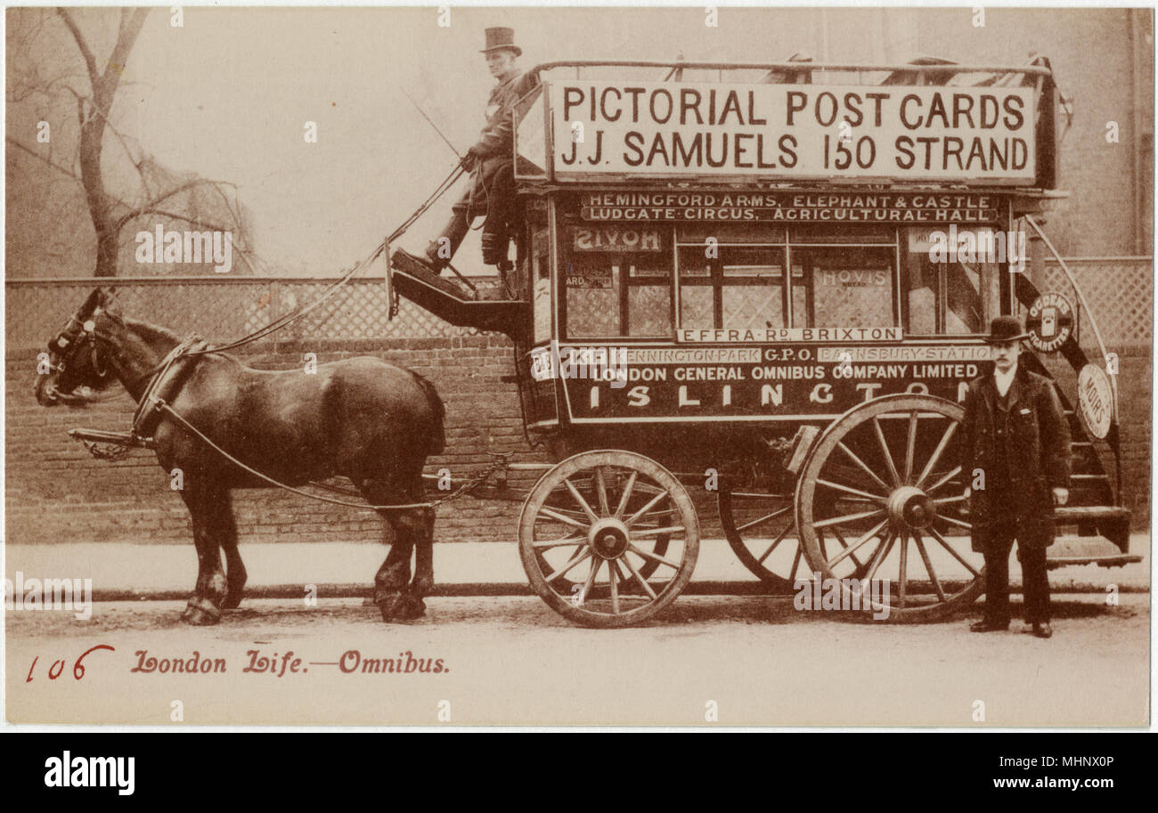 Horse-bus with Pictorial Post Cards advert 1900s Stock Photo - Alamy
