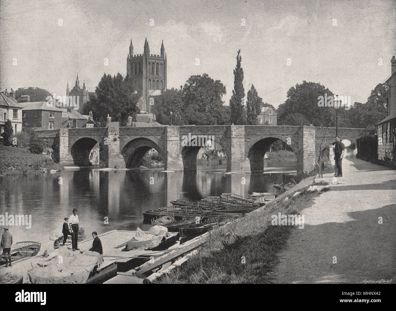 HEREFORDSHIRE. Hereford Cathedral and Wye Bridge 1900 old antique print ...