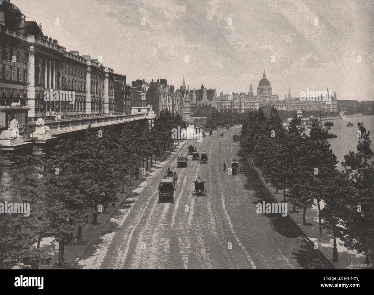 The Victoria Embankment, from Waterloo Bridge. London 1896 old antique ...