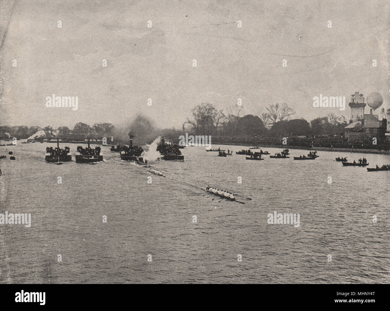 The Boat race (1895), from Barnes Bridge. London. Rowing 1896 old print ...