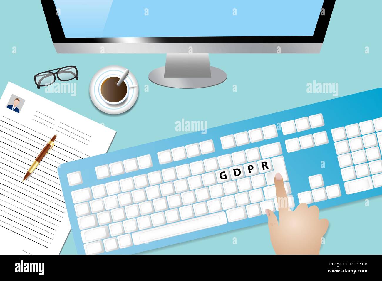 Top view of the office desk with coffee cup, Curriculum vitae paper ...