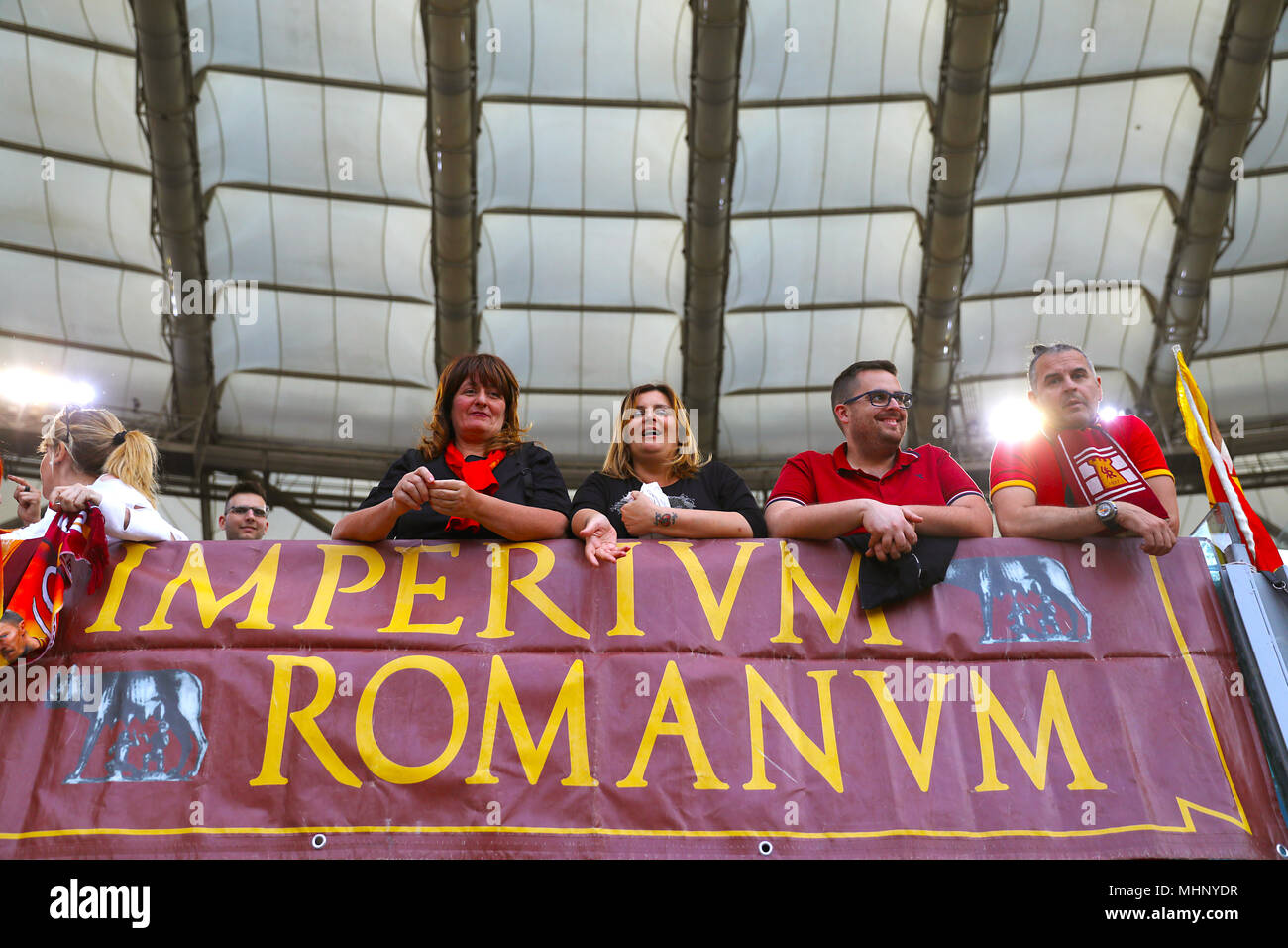 AS Roma fans hang banners in the stands ahead of the UEFA Champions ...
