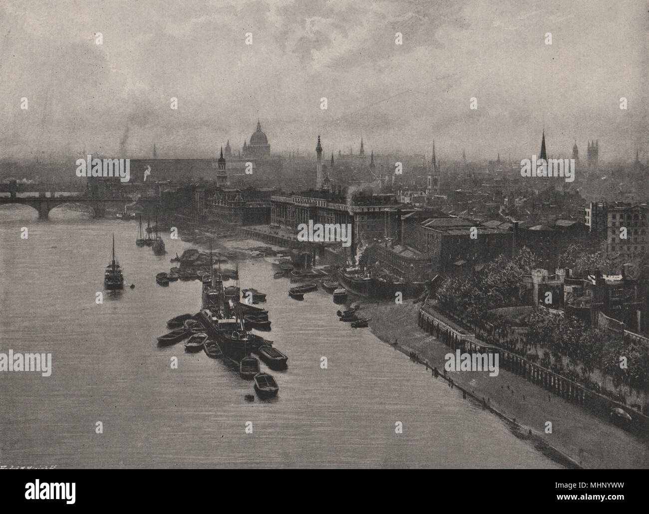 View up the river from The Tower Bridge (High level). London 1896 old ...