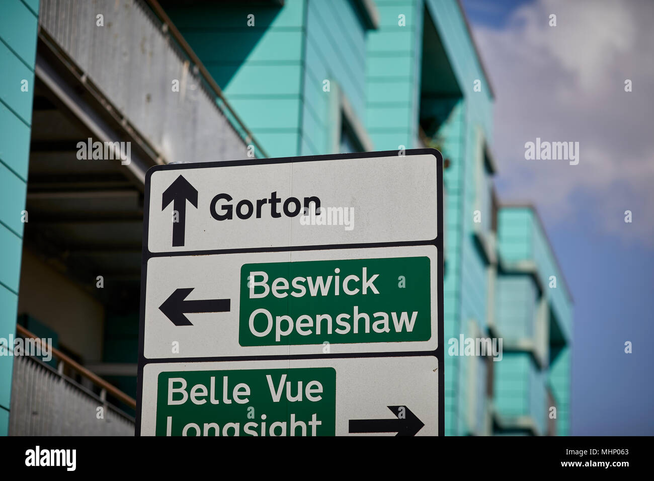 Road sign for Gorton, Beswick, Openshaw and Belle Vue, in East ...