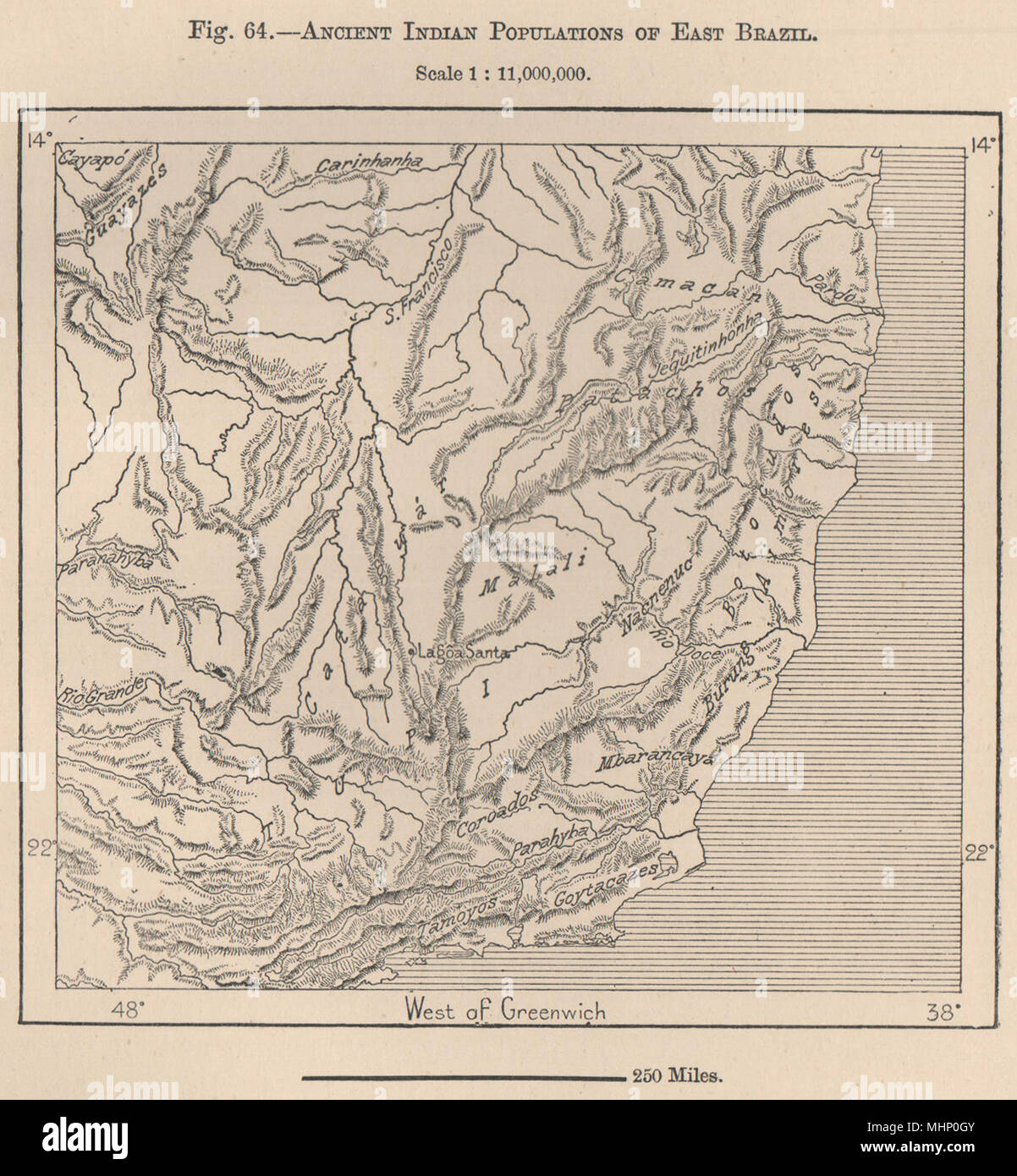 Ancient Indian populations/tribes of East Brazil 1885 old antique map ...