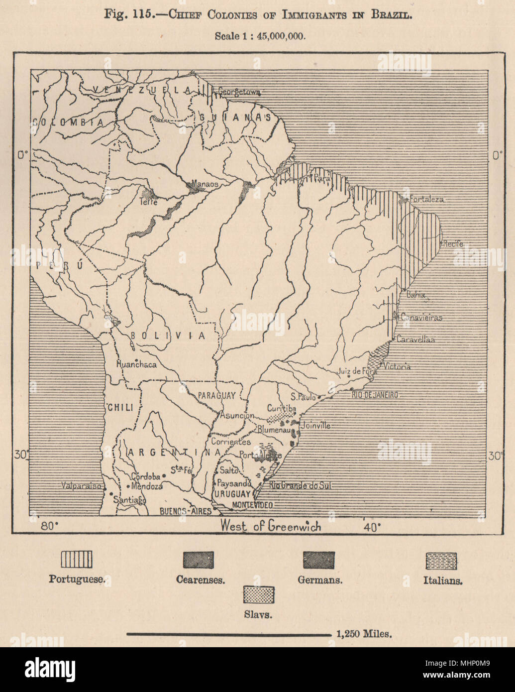 Chief colonies of Immigrants in Brazil 1885 old antique vintage map ...