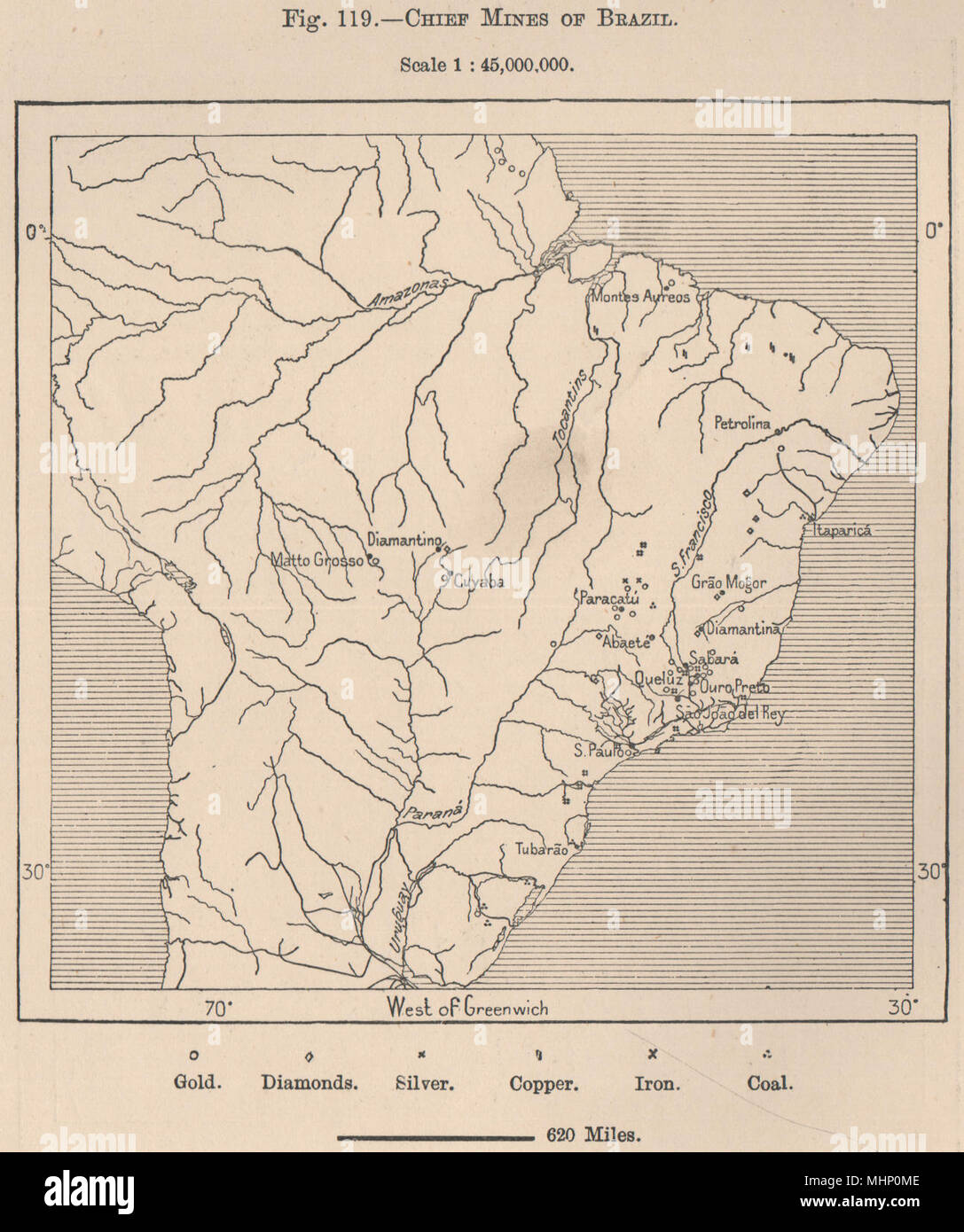 Chief mines of Brazil 1885 old antique vintage map plan chart Stock ...