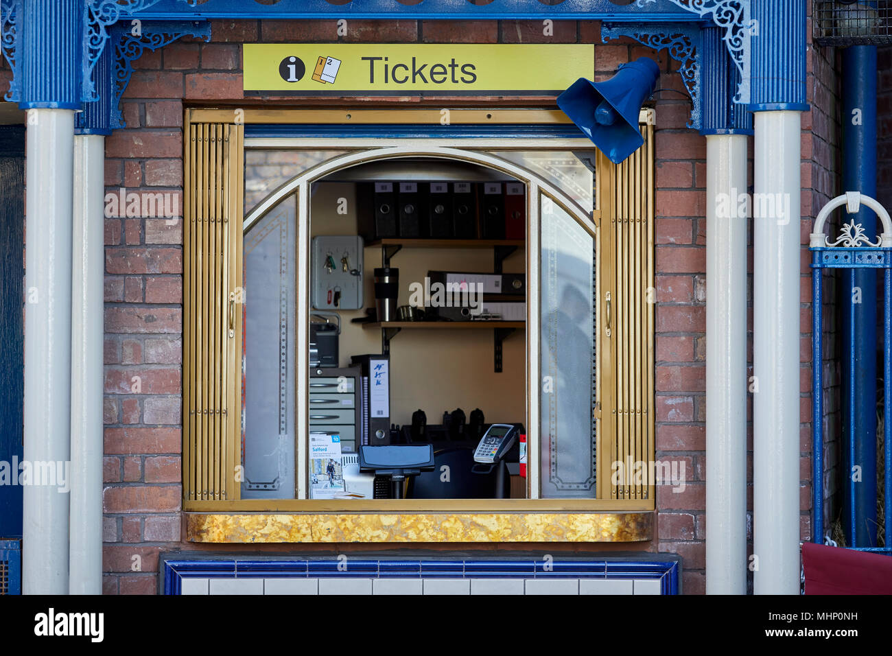 Metrolink tram station front on the set of Coronation street the ITV ...