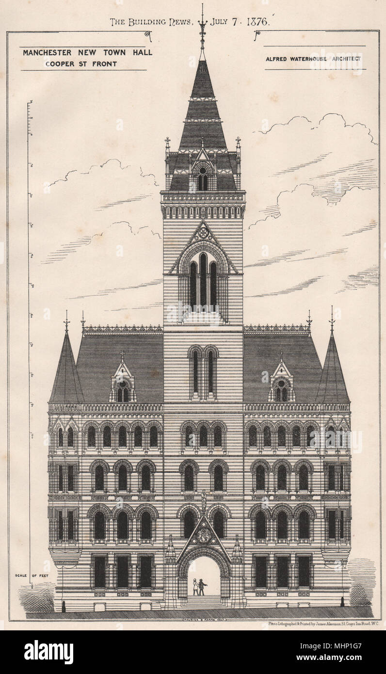 Manchester New Town Hall, Cooper St. front; Alfred Waterhouse 1876 old ...