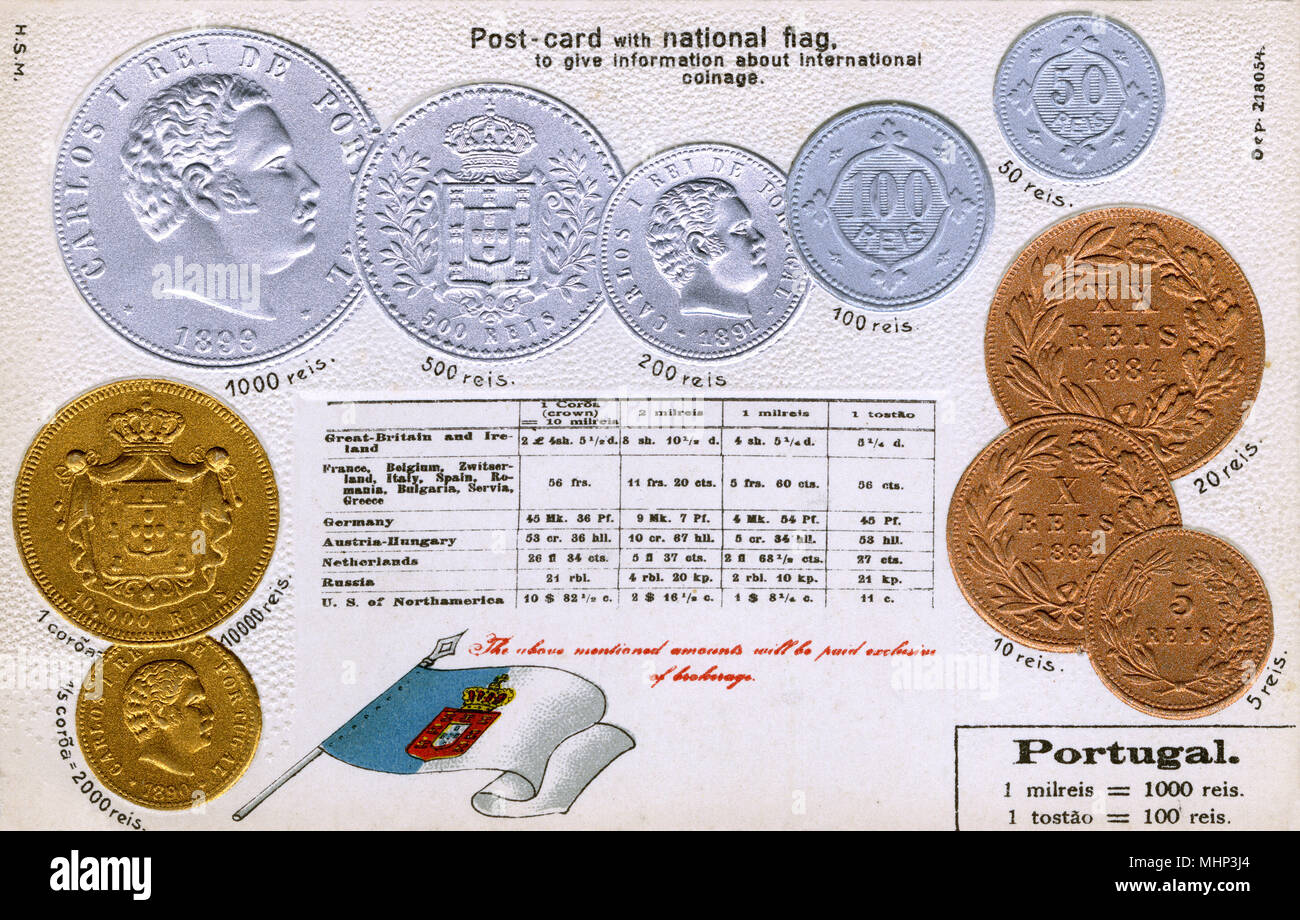 Postcard explaining the currency of Portugal Stock Photo - Alamy