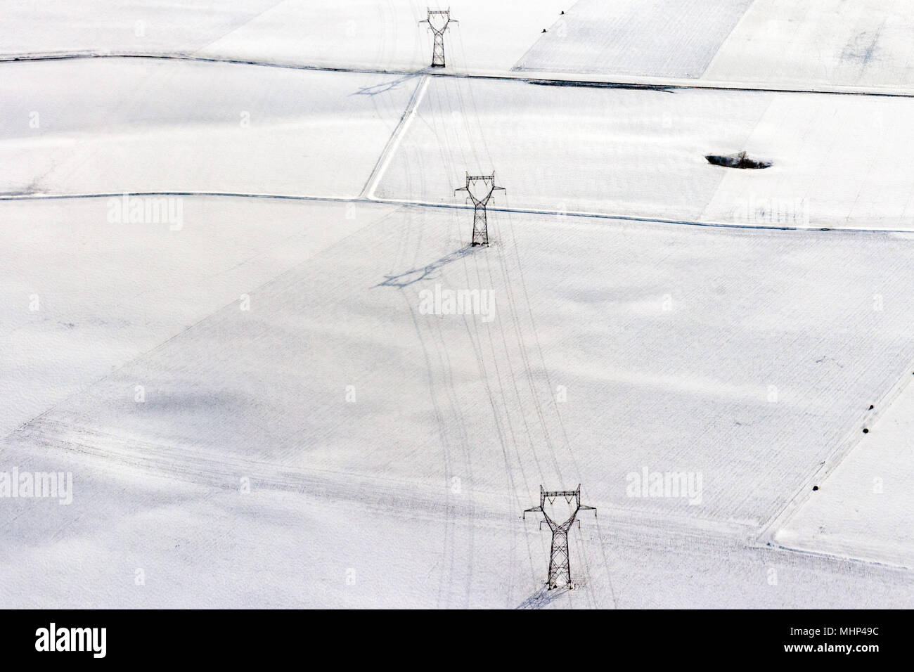 electric power lines on snow aerial view panorama Stock Photo - Alamy