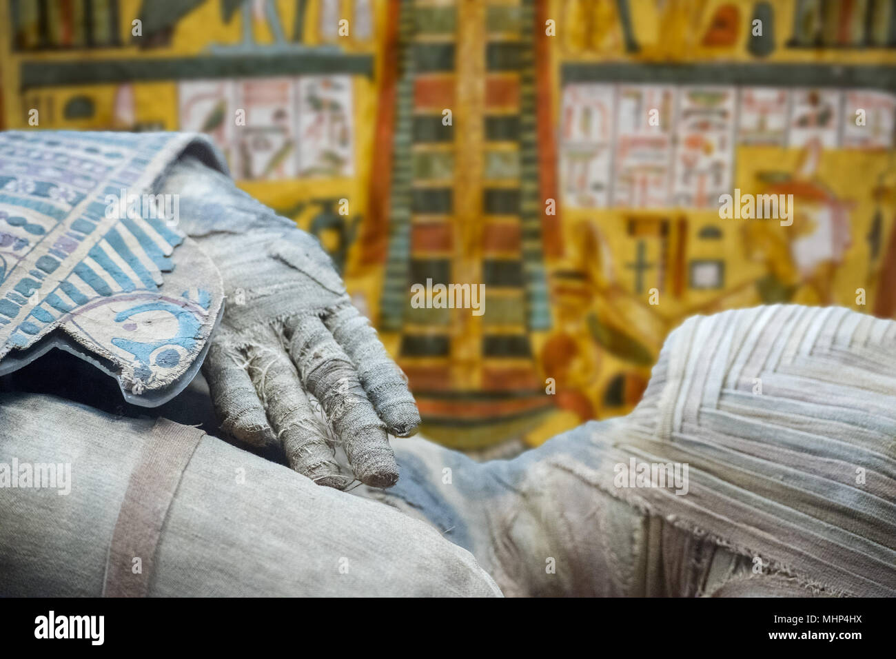 Egyptian mummy close up detail with hieroglyphs background Stock Photo ...