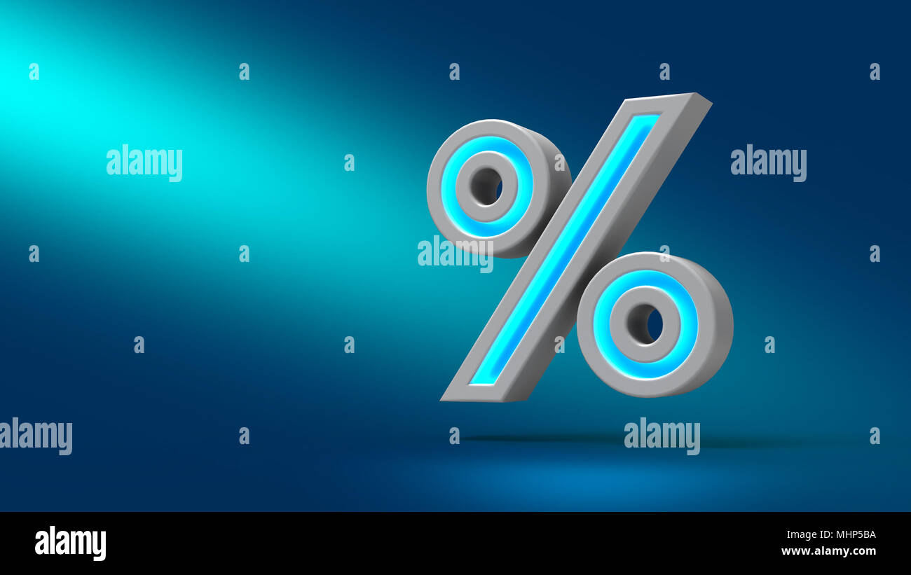 3D rendering neon percent sign isolated on blue background. Set for ...