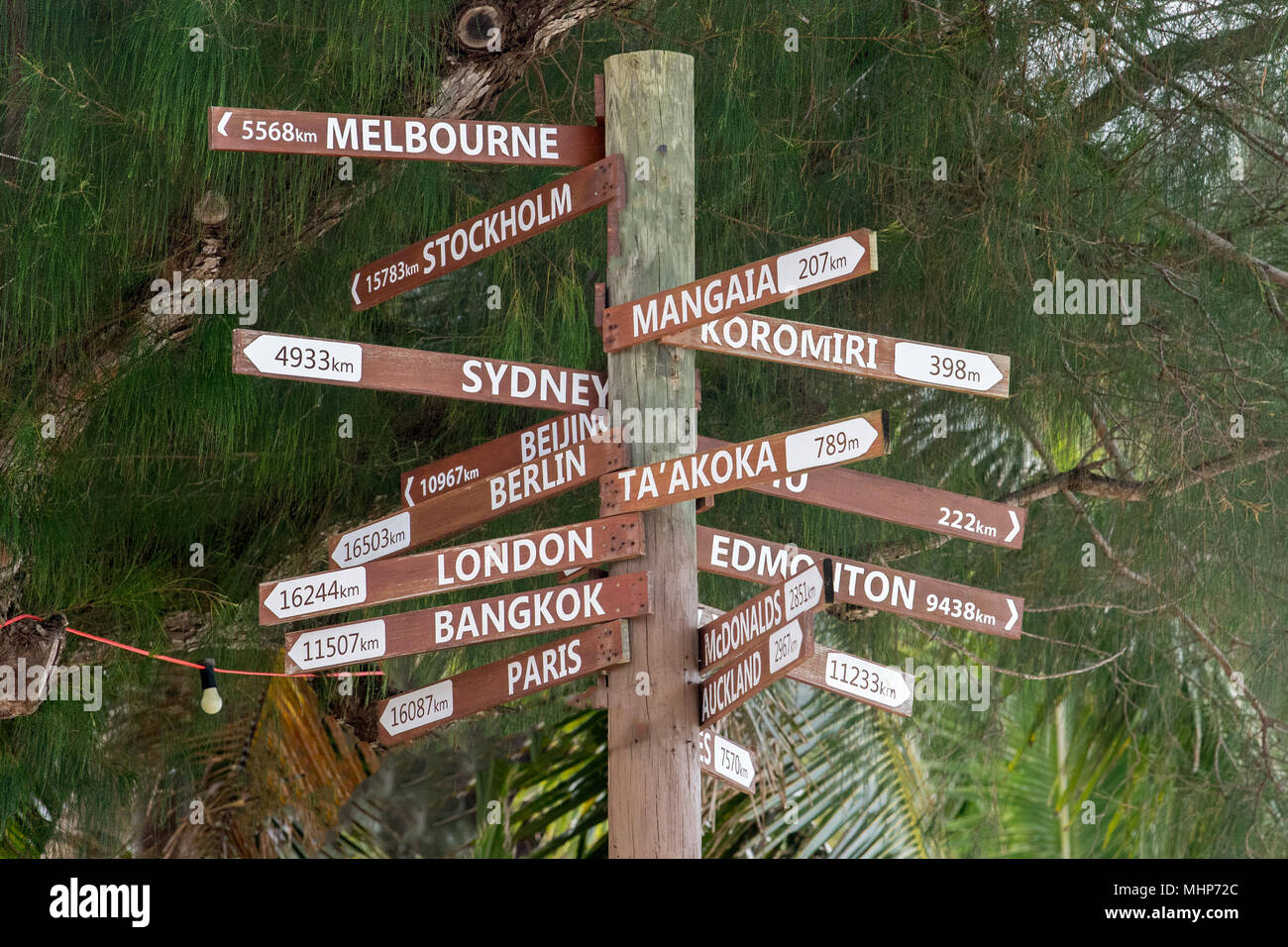 many destinations town sign wood pole in polynesia Stock Photo - Alamy