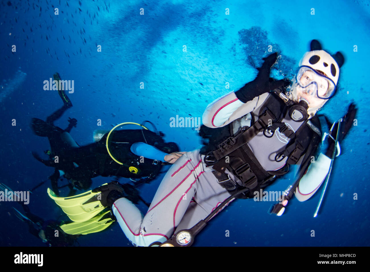 Scuba diver underwater portrait in the deep blue ocean and backlight ...