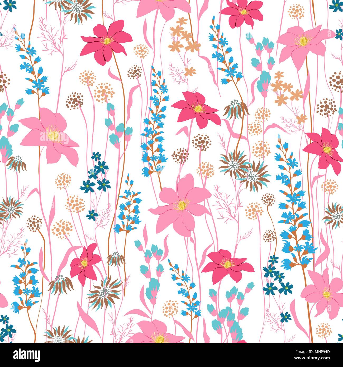 Seamless Pattern wind blow flowers, Isolated on whhite color. Botanical ...