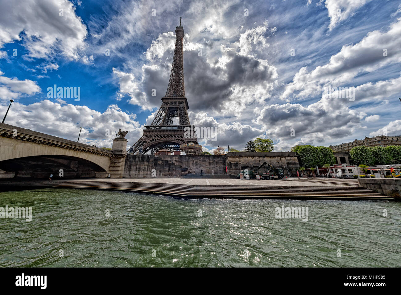 Paris sunny blue sky aerial view landscape from river seine Stock Photo ...