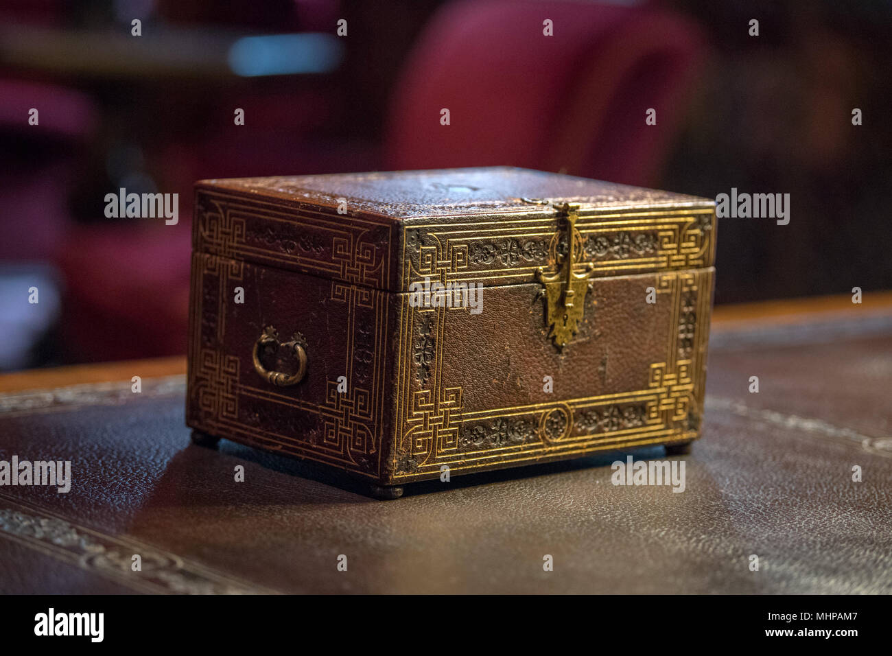 old wood and leather ancient secret casket box on a desk Stock Photo ...