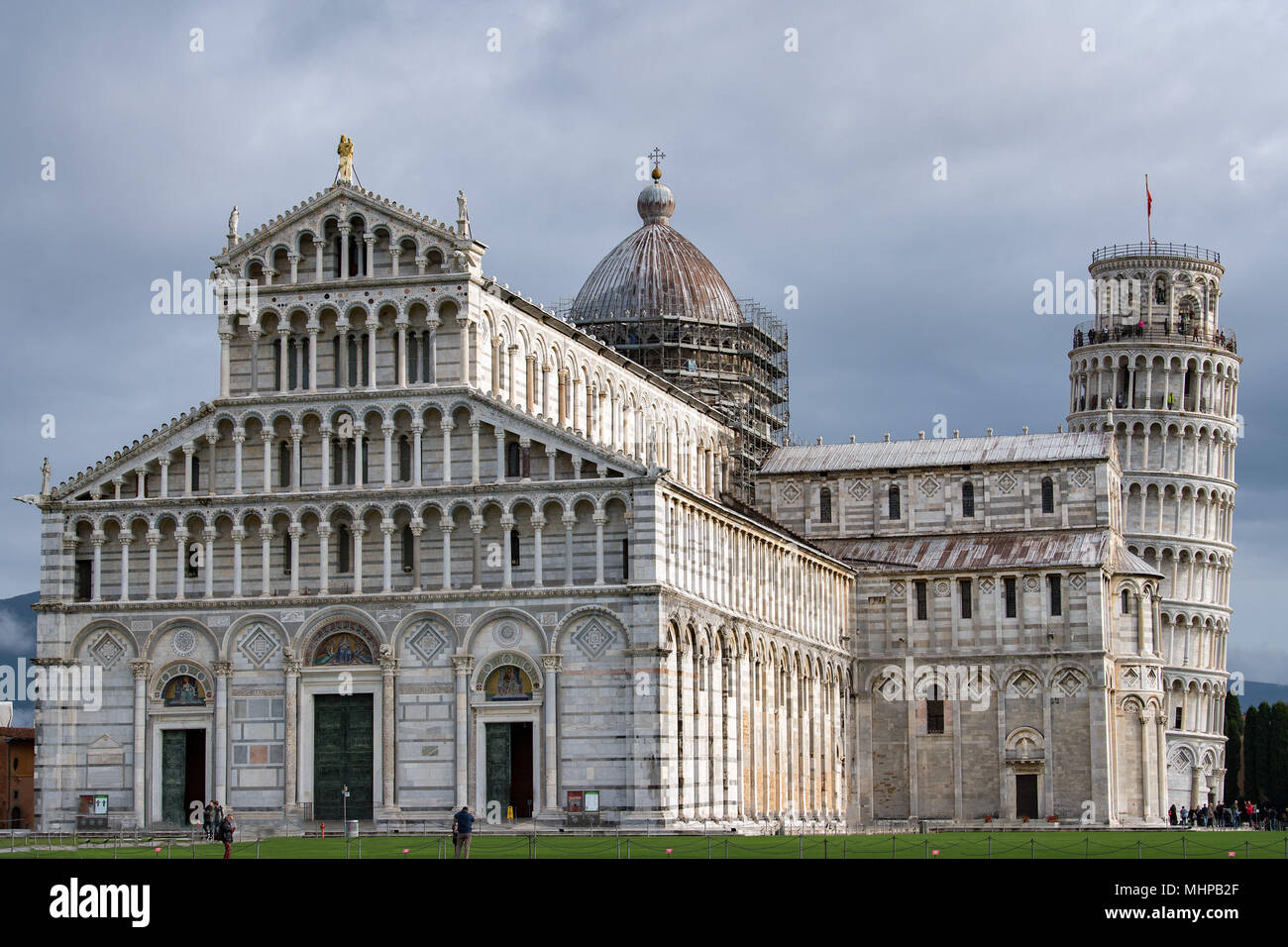 famous piazza dei miracoli in pisa with dome and leaning tower close up ...