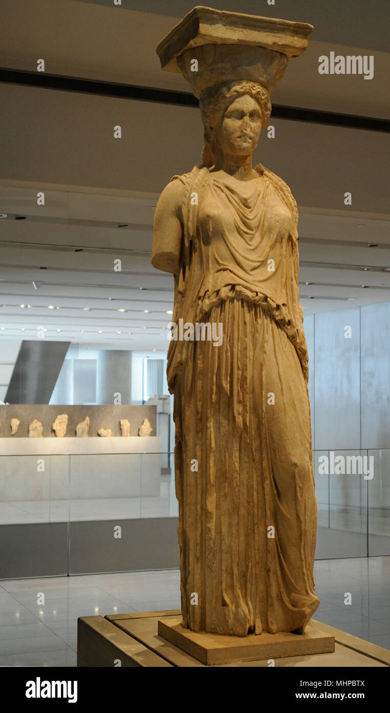 Greek art. The Caryatid Porch of the Erechtheion. Draped female figures ...