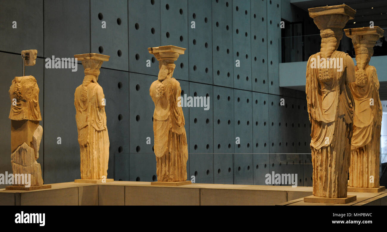 Greek art. The Caryatid Porch of the Erechtheion. Draped female figures ...