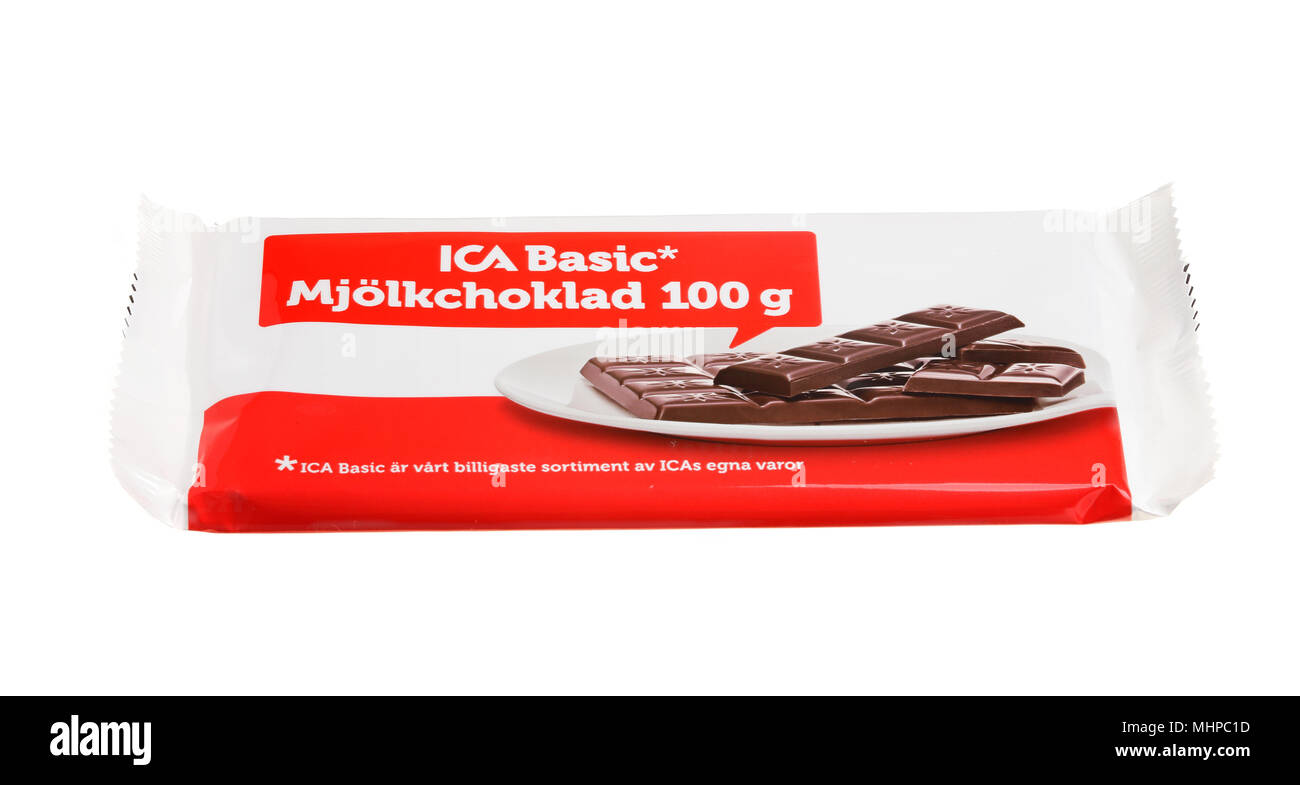 Stockholm, Sweden - March 1, 2014: A package with a bar of 100 g Ica ...