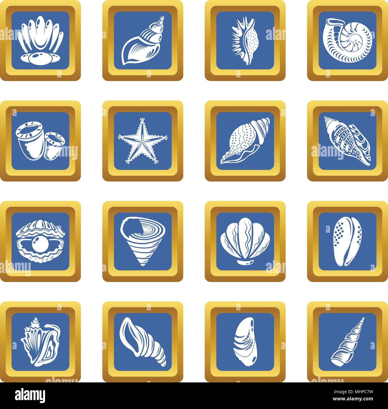 Tropical sea shell icons set blue square vector Stock Vector Image ...