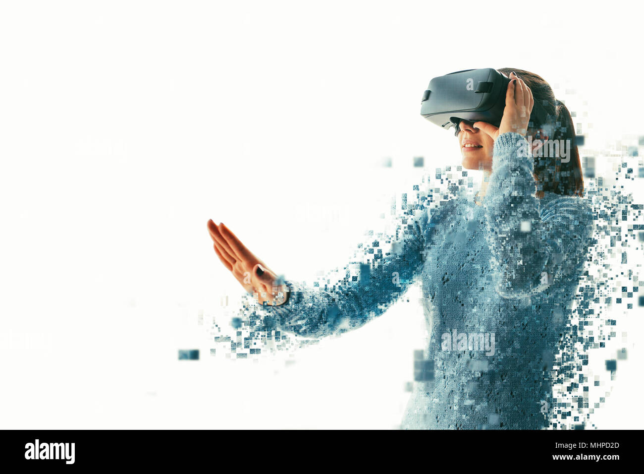 A person in virtual glasses flies to pixels. The woman with glasses of ...