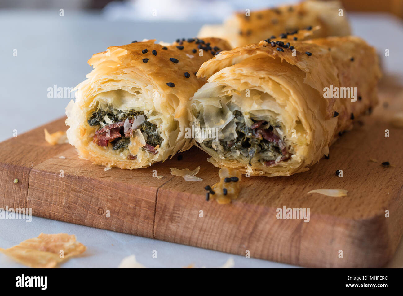 Turkish Borek with Spinach and Pastrami or Pastirma. Traditional Food ...