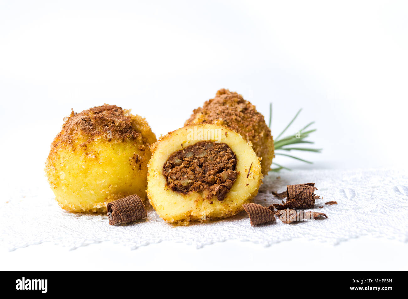 Bread crumb dumplings stuffed with chocolate and nuts isolated Stock ...
