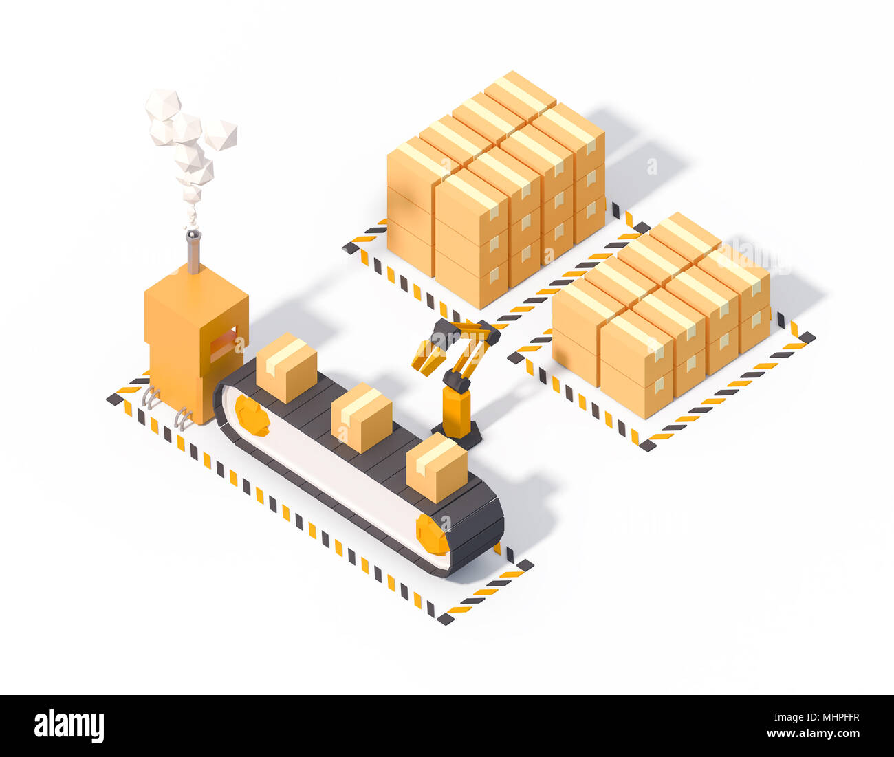 production line using a robotic arm in factory warehouse 3d ...