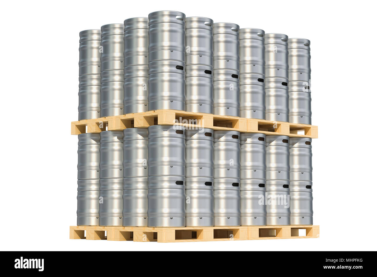 Beer metallic kegs on the wooden pallet, 3D rendering isolated on white ...